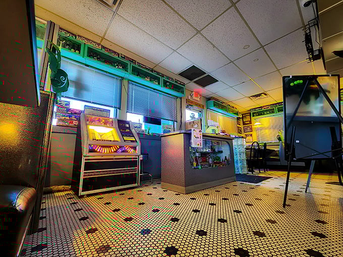 Yellow walls brighten the dining experience while vintage gas station signs remind us of road trips past—when getting there was half the fun.