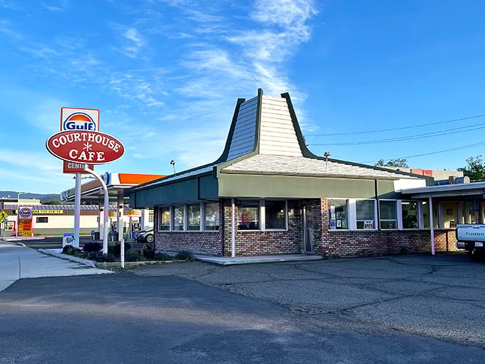 The Courthouse Café's vintage Gulf sign promises the kind of honest diner fare that reminds you why road trips across America used to be so special.