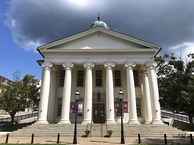 Columns this impressive usually charge admission—Bellefonte's courthouse brings classical grandeur to small-town Pennsylvania with unapologetic elegance.