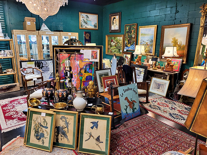 
The art room that would make Warhol weep. Persian rugs anchor eclectic collections where abstract modernism meets classical landscapes.