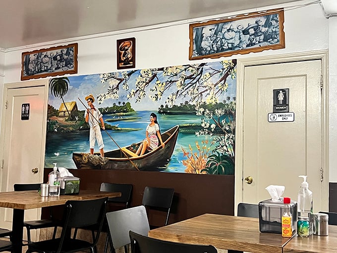 Vibrant murals transport diners to idyllic Mexican scenes, creating an atmosphere that complements the authentic flavors on your plate.