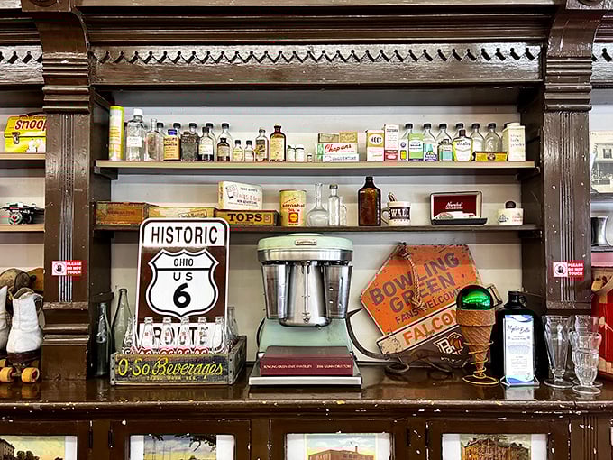 The shelves display vintage treasures that tell stories of America's past—including that Historic Route 6 sign that's seen more road trips than your uncle's RV.