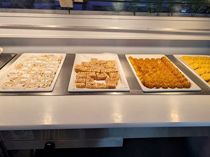 The dessert section—where diet promises go to die. Those squares of sweetness are calling your name.