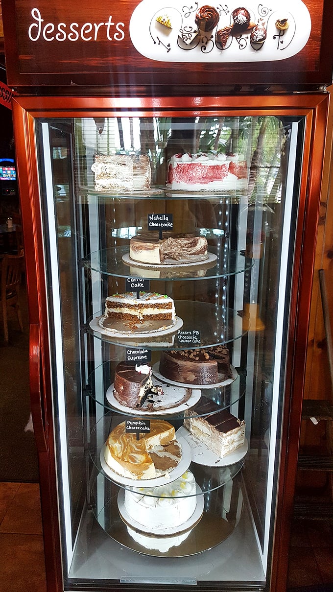 The dessert case—Florida's version of the Louvre. Each shelf displays edible masterpieces that make willpower completely irrelevant.