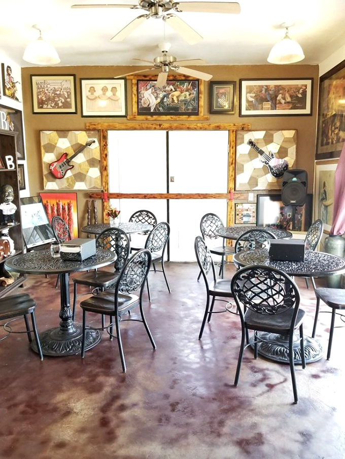 The dining area feels like the coolest living room you've never been invited to, where guitars on the wall promise good tunes with your good food.