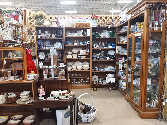 China and crystal displayed with care, each piece telling stories of dinner parties past. Your grandmother would approve of these finds.