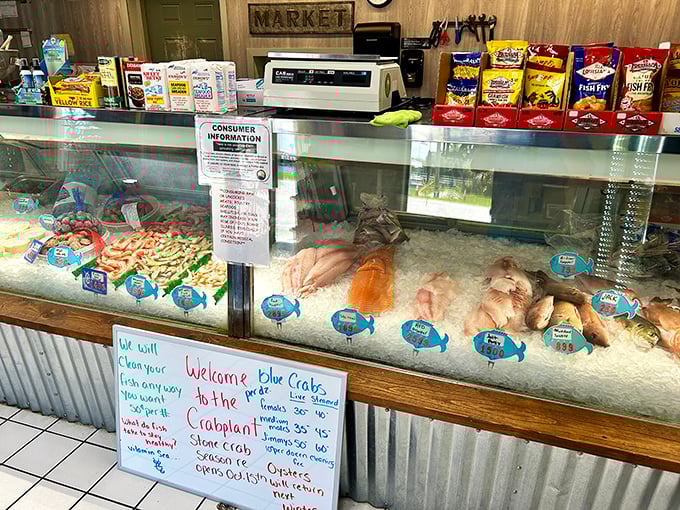The display case showcases the day's fresh catch with a handwritten board that tells you everything you need to know—this place is serious about seafood.