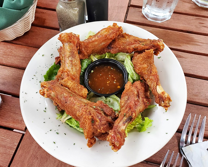 These wings aren't just fried – they're transformed. Arranged in a circle like they're performing some ancient ritual dedicated to crispiness.