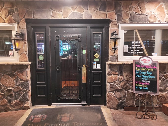 The entrance says "medieval castle meets neighborhood pub"—a doorway that promises you're about to make a very good decision.