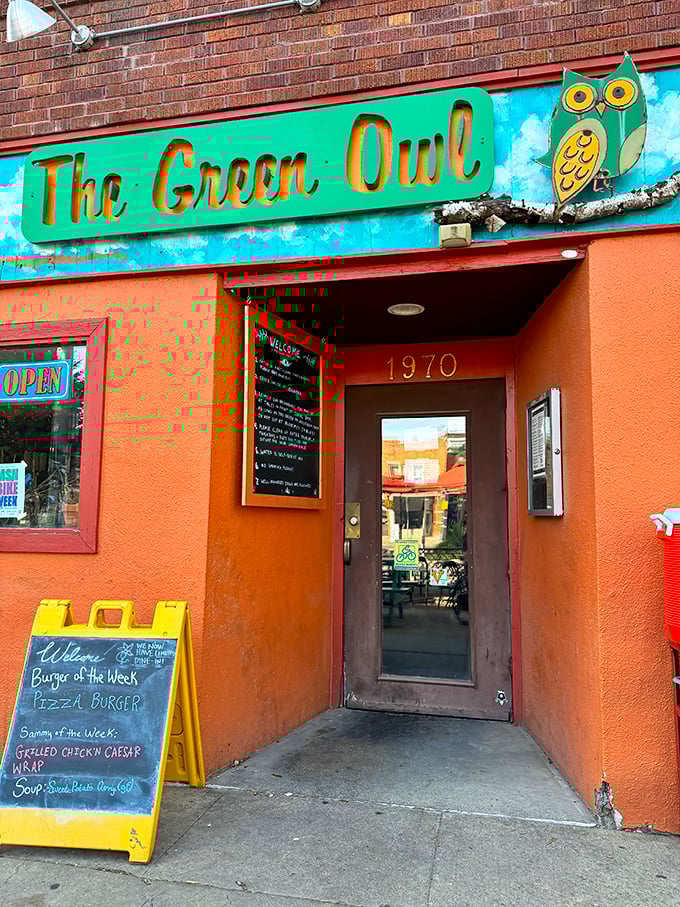 The entrance beckons with its cheerful orange facade and signature owl, like a portal to a more colorful culinary dimension.