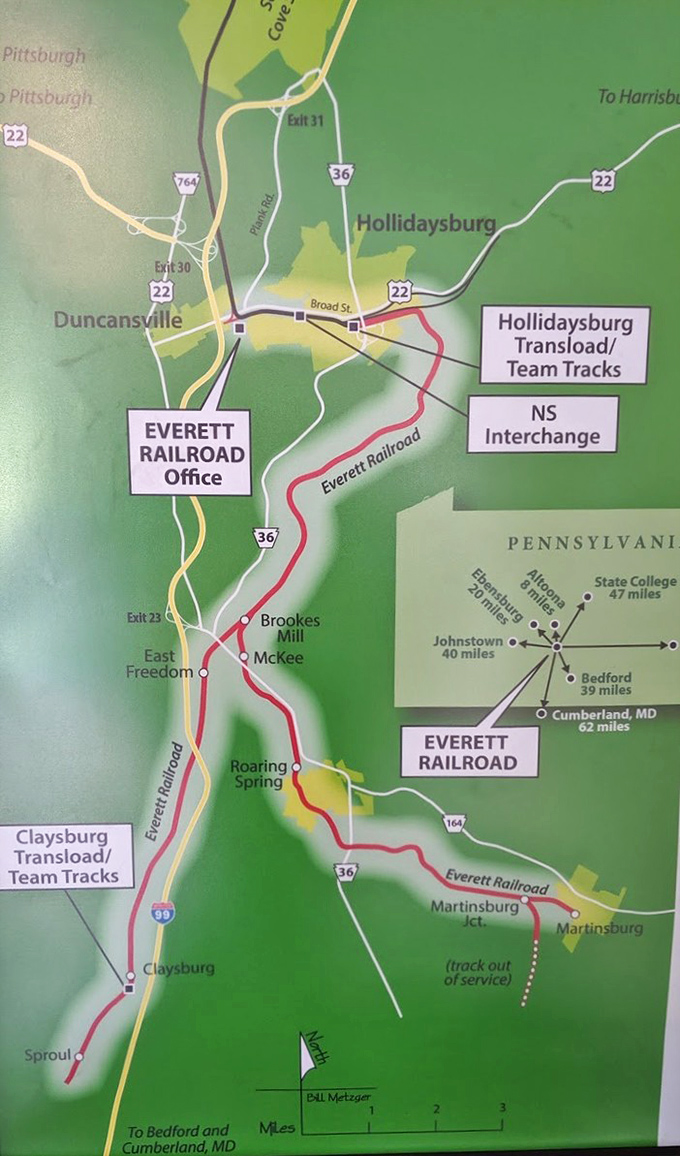 This colorful map reveals the Everett Railroad's journey through Pennsylvania's hidden valleys and historic towns—your blueprint for adventure.