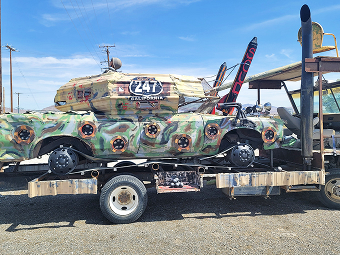 Not just transportation—art! This military-style vehicle turned Cafe 247 mascot perfectly captures the diner's creative, rebellious spirit.