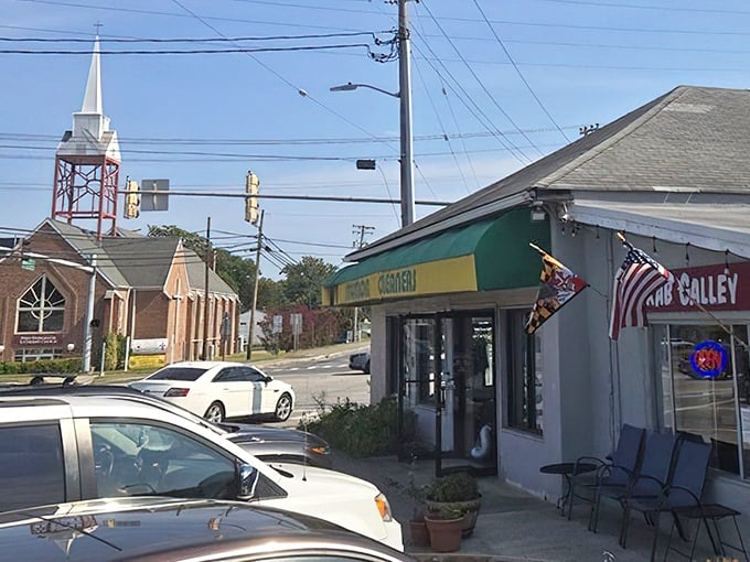 Situated at a crossroads of faith and flavor—the church steeple watches over this temple of seafood like a divine blessing.