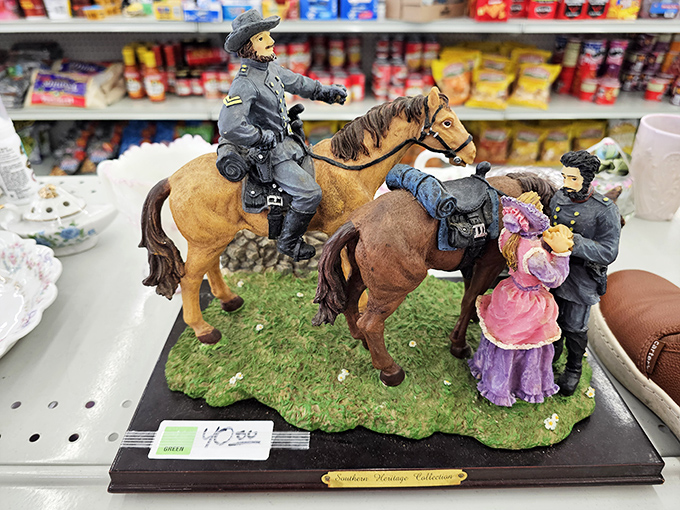 Civil War figurines sharing shelf space with vintage dishware – history and homemaking collide in the collectibles corner.