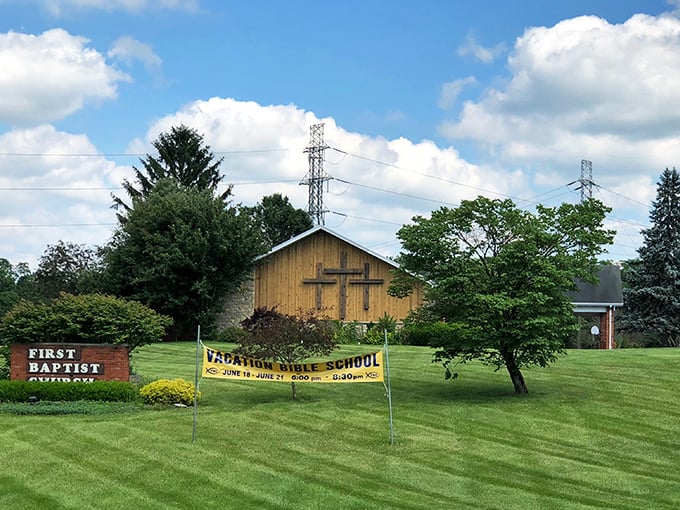 First Baptist Church welcomes the community with traditional charm. Even their banners have that genuine small-town enthusiasm that can't be faked.