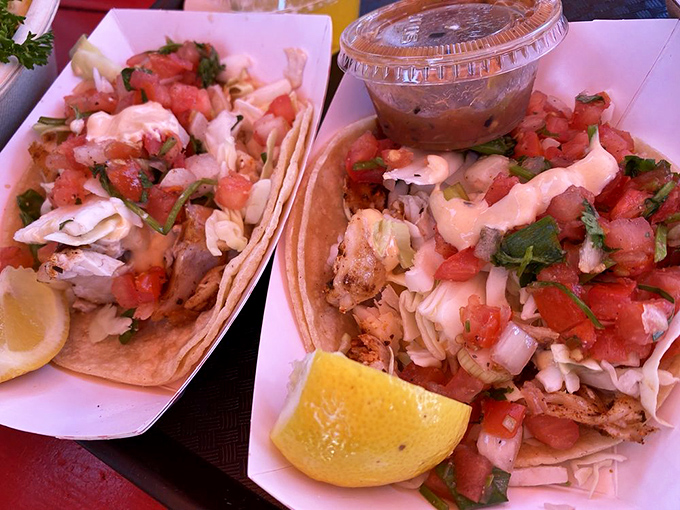Fish tacos that capture California in a single bite—fresh fish, crisp cabbage, and a squeeze of lemon. No passport required for this coastal journey.
