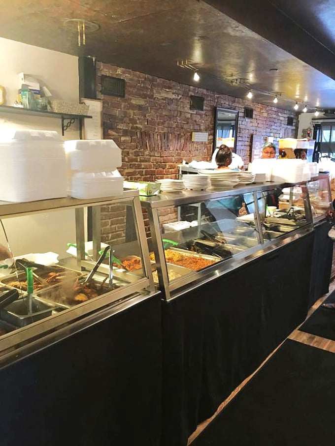 Steam rising from trays of homemade goodness behind glass—like a museum where all the exhibits are edible masterpieces.