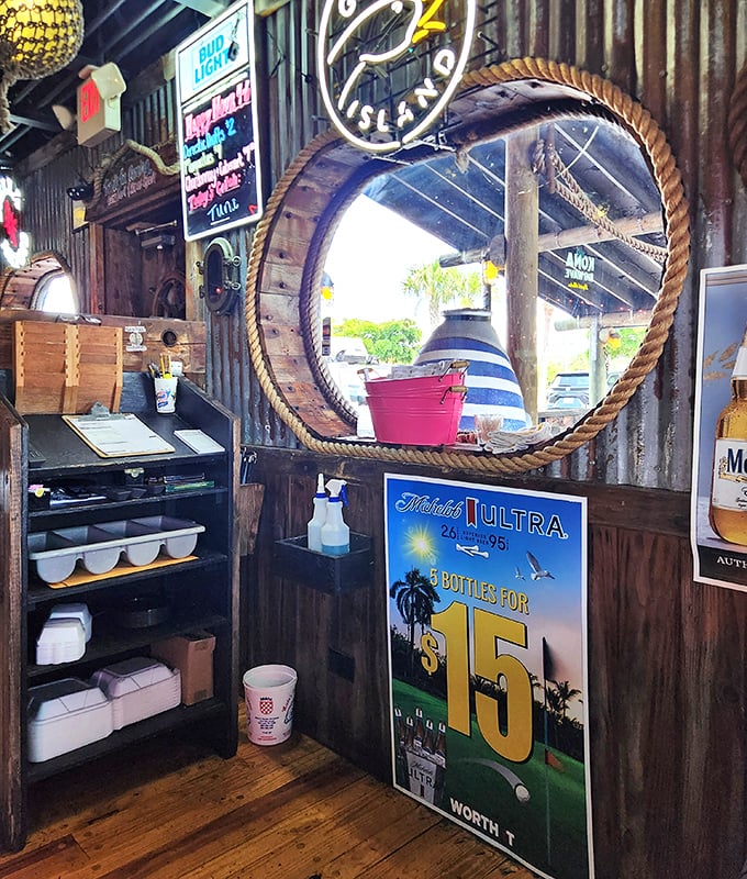 Porthole mirrors and corrugated metal walls create that "I discovered this place before it was cool" vibe that you'll brag about later.