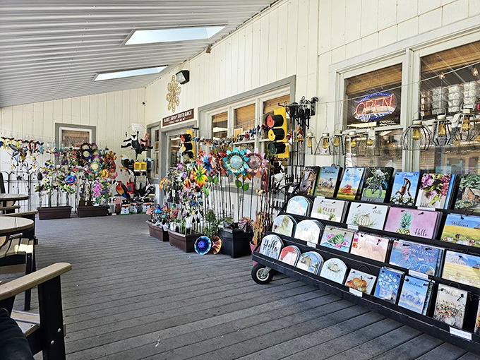 The gift shop entrance feels like stepping into a Pinterest board come to life – colorful, charming, and filled with items you suddenly need.
