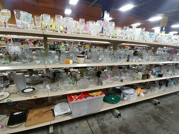 Glassware shelves that would make your grandmother swoon – from everyday tumblers to crystal pieces waiting for their next special occasion. 