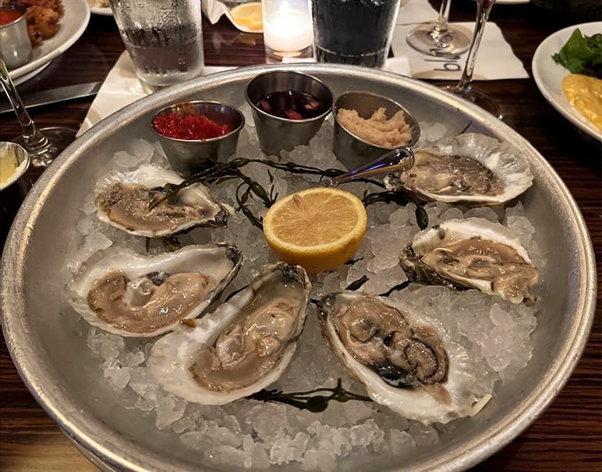 Oysters on ice—nature's perfect appetizer. These briny treasures come with colorful companions that add zing to each slurp of oceanic perfection.