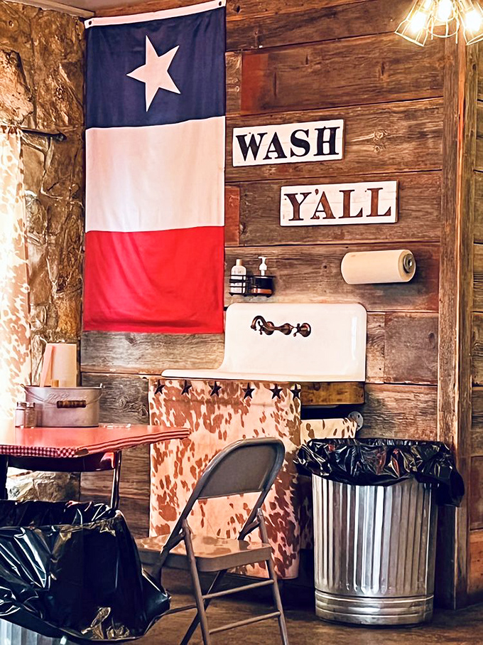 Even the hand-washing station gets the full Texas treatment. "Wash Y'all" isn't just good manners—it's the law of the land.