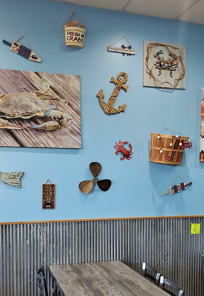 Nautical charm meets neighborhood comfort – anchors, crabs, and "Fresh Crabs" signs create perfect ambiance.