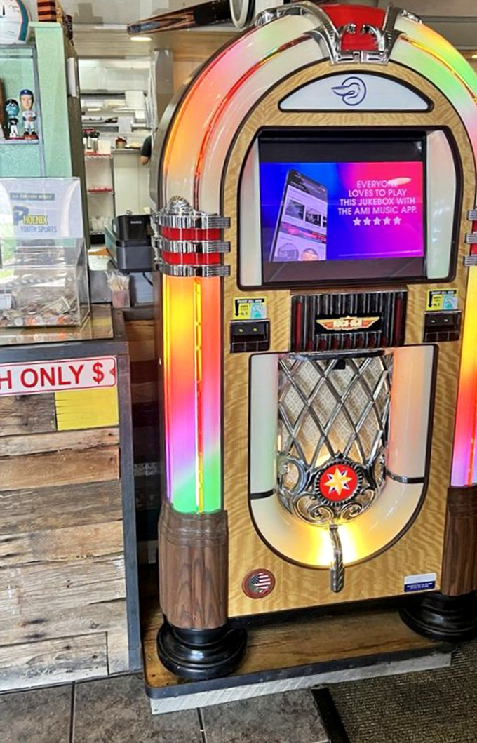 The jukebox—because great breakfast deserves a soundtrack. Every pancake flip needs its own theme music.