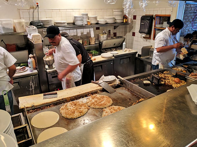 The griddle itself – hallowed ground where ordinary batter undergoes its miraculous transformation into breakfast royalty.