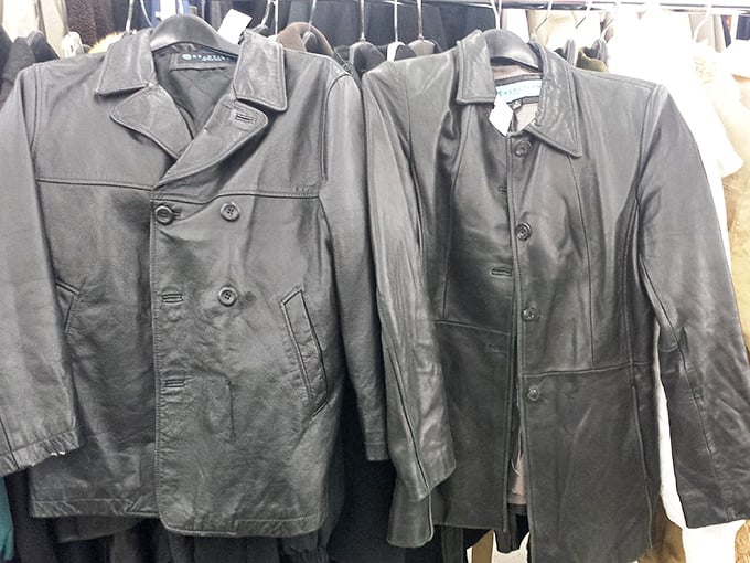 Leather jackets hang like cool kids at a high school dance, each with stories to tell and adventures to offer.