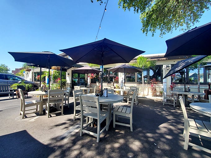 This breezy outdoor dining setup proves Dunedin restaurants understand the first rule of Florida cuisine: everything tastes better with a side of sunshine.