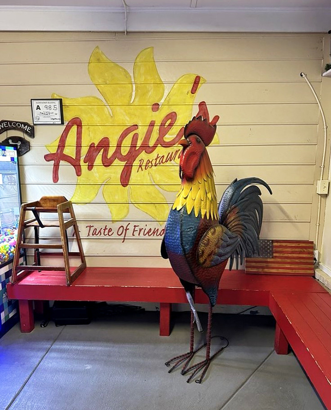 That rooster isn't just decoration—he's the unofficial greeter, silently judging anyone who doesn't order eggs at a breakfast joint.