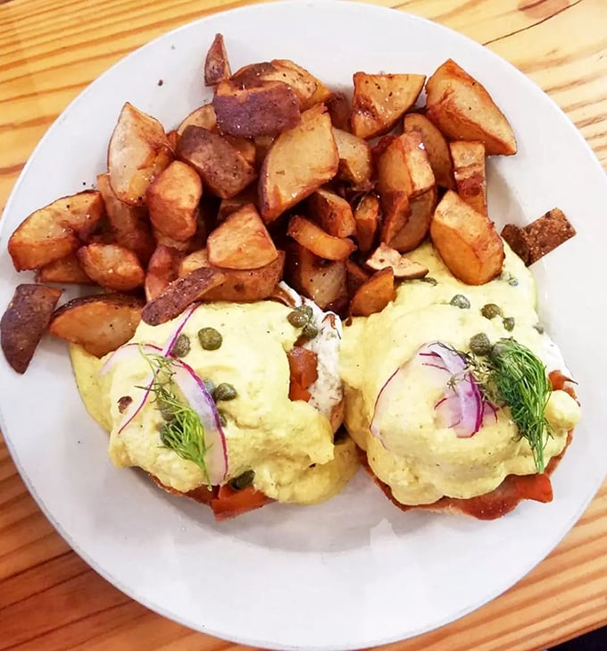 Vegan eggs Benedict that performs the impossible—capturing the essence of a brunch classic while adding its own plant-based poetry to the plate.