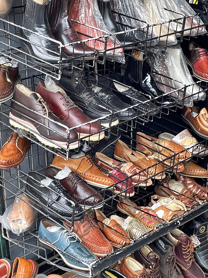 Leather footwear arranged with mathematical precision—from formal oxfords to casual huaraches, all waiting for the right pair of feet.