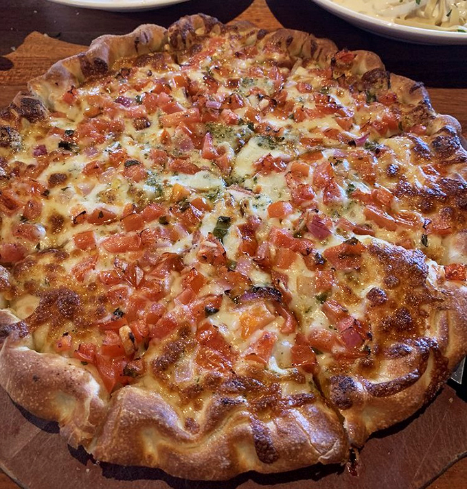 Pizza crust puffed up like it's showing off, with a perfect ratio of cheese to tomato that would make even a New Yorker nod in approval.