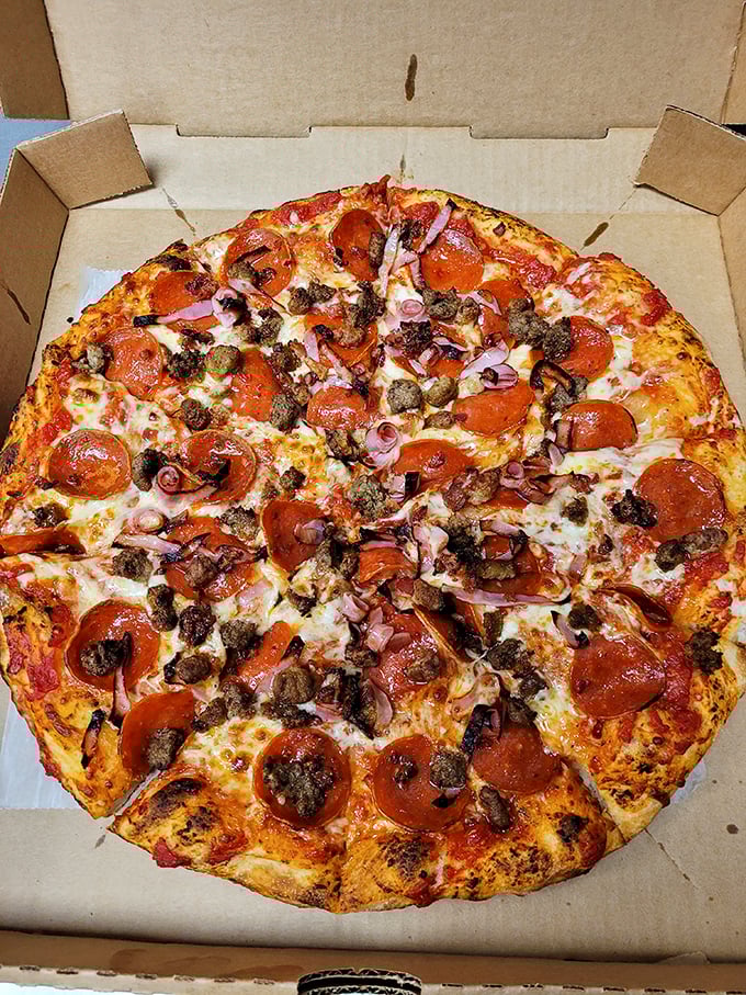 The meat lover's pizza doesn't just have toppings—it has population density. Each bite is a neighborhood of flavors getting along beautifully.