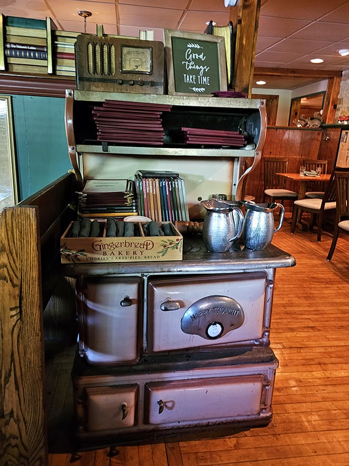 An antique stove repurposed as a charming menu station – because in Pennsylvania, even the décor tells a story of resourcefulness and history.