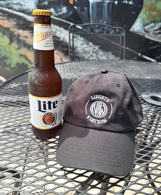 Even the merchandise tells a story – a cold beer and a souvenir cap make for perfect Virginia afternoon companions.