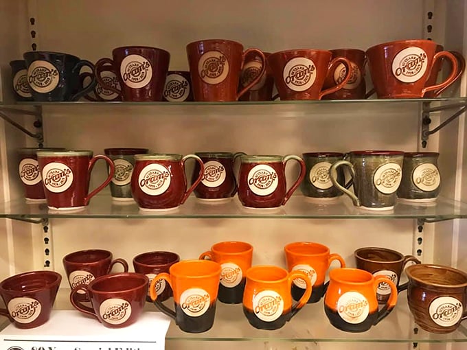 The mug collection proves that Oram's isn't just a place to eat—it's a lifestyle worth sipping from morning after morning.