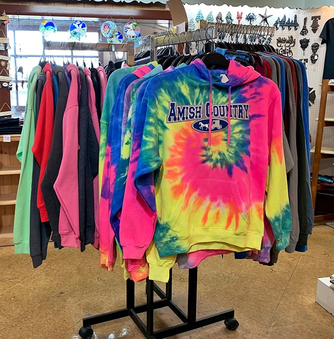 Tie-dye hoodies prove that Amish Country tourism has a groovy side. Nothing says "I visited a traditional community" like psychedelic swirls.