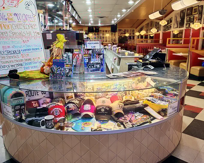 Route 66 memorabilia that reminds you: the journey matters, but so does stopping for pancakes along the way.
