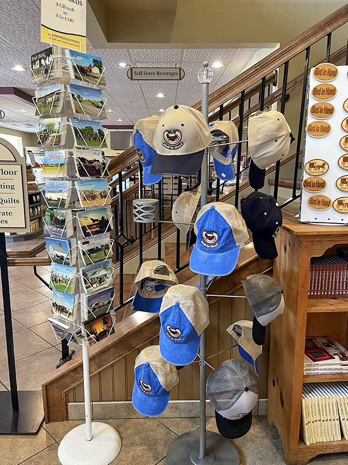 Bird-in-Hand merchandise display—because nothing says "I survived Pennsylvania Dutch Country" like a branded baseball cap.