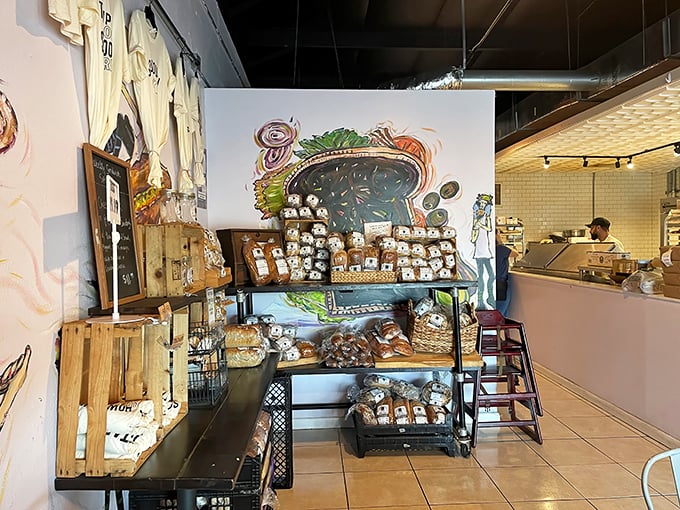 This bread display isn't just a shelf; it's a carbohydrate art gallery where each loaf deserves its own little spotlight and moment of appreciation.