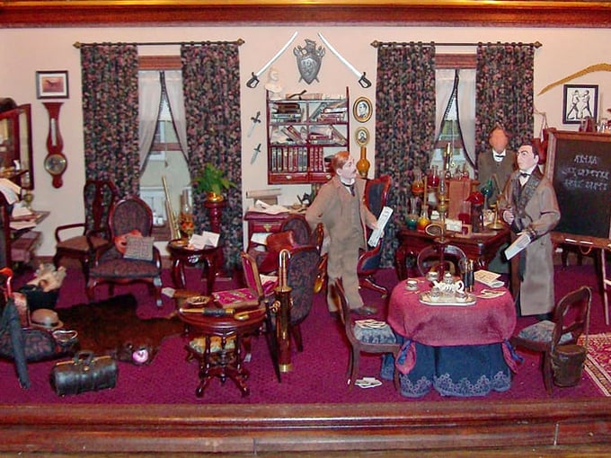 Elementary, my dear visitor! This Victorian gentleman's club scene could be straight from a Sherlock Holmes mystery, scaled down for mouse-sized detectives