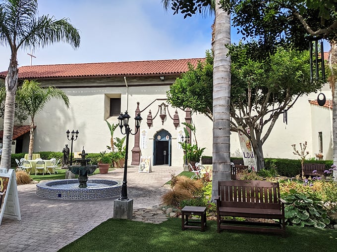 The Mission Basilica's serene courtyard offers a moment of historical reflection—spiritual wealth that doesn't require actual wealth to experience.