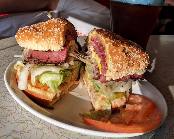 The New York burger—medium rare magnificence that would make even a Manhattan cabbie stop and take notice.
