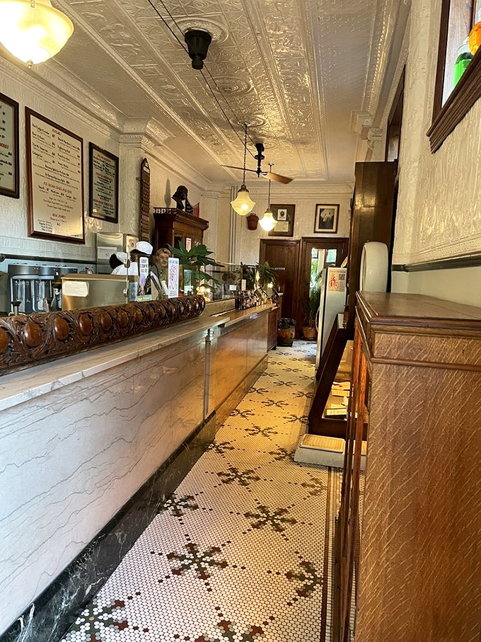 The counter stretches like a runway for dairy dreams. That ornate woodwork wasn't manufactured—it was lovingly carved by artisans who took pride in details.