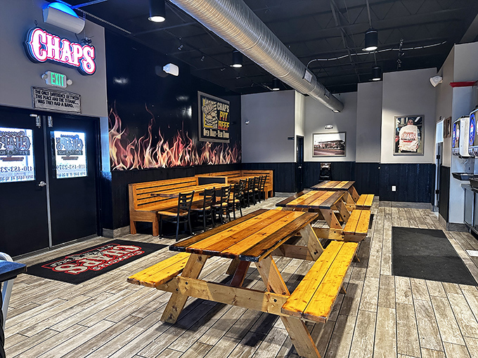 Flame decor on the walls isn't just decoration—it's a warning of the flavor inferno that awaits your taste buds.
