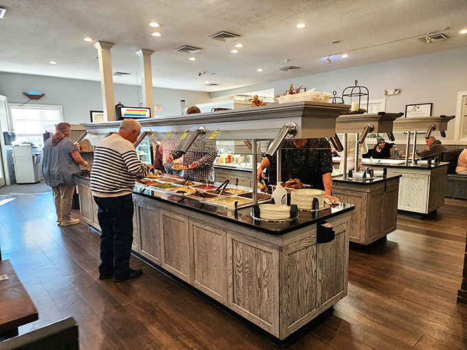 Patrons navigate the buffet with the focused determination of treasure hunters who know exactly what they're after.