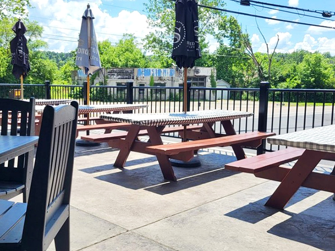 The outdoor seating area—where summer breezes complement every bite and Pennsylvania's natural beauty becomes part of the meal.